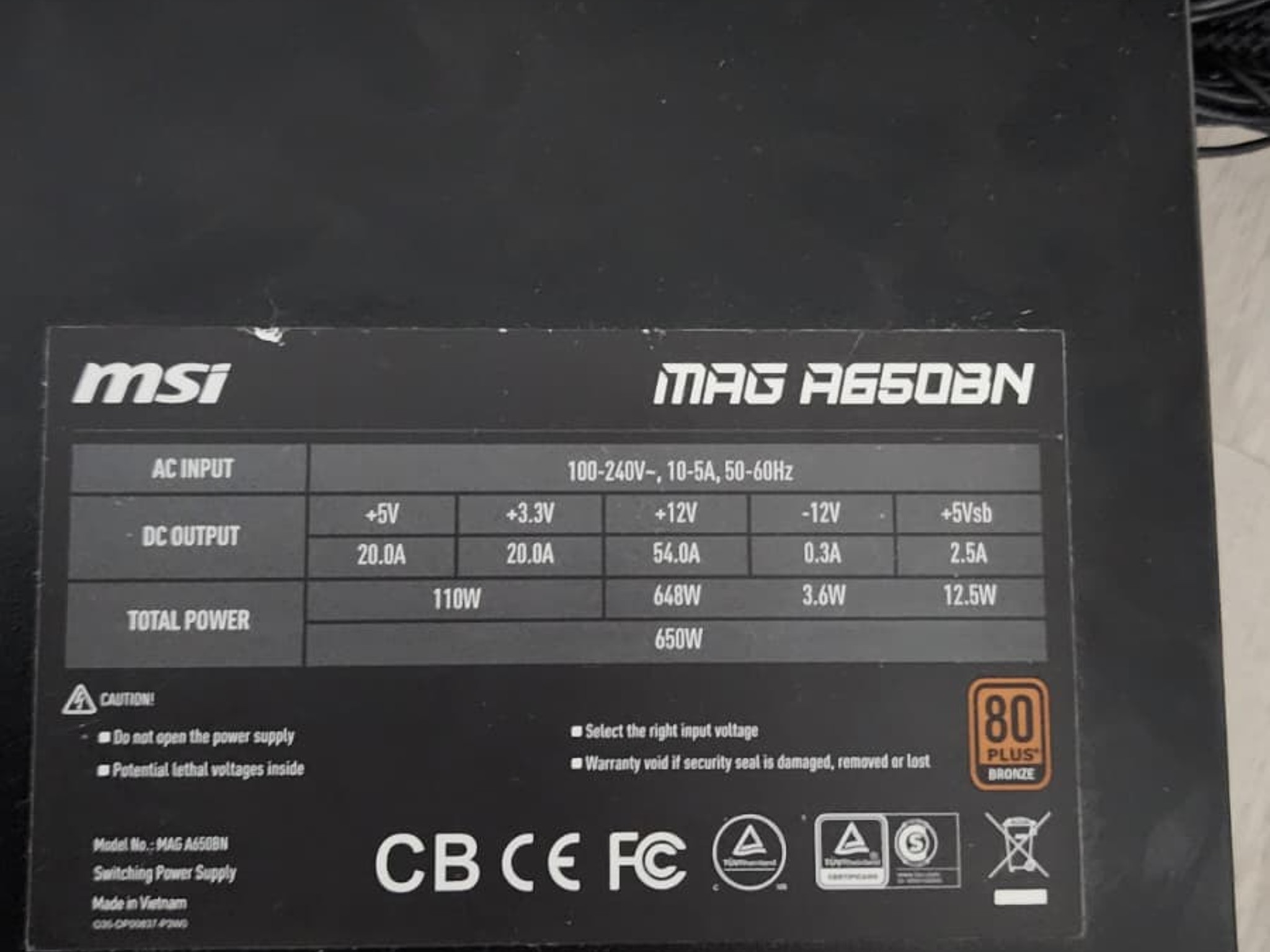 MSI MAG A650BN 650 Watt 80 Plus Bronze ATX Non-Modular Power Supply | Jawa